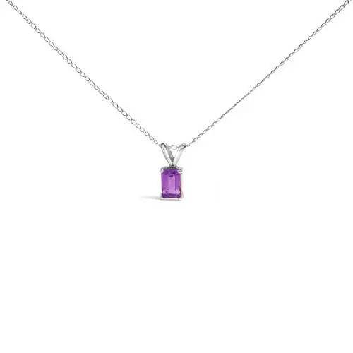 HAUS OF BRILLIANCE 14k Gold Emerald Cut Gemstone Solitaire Pendant Necklace - Purple Amethyst | White